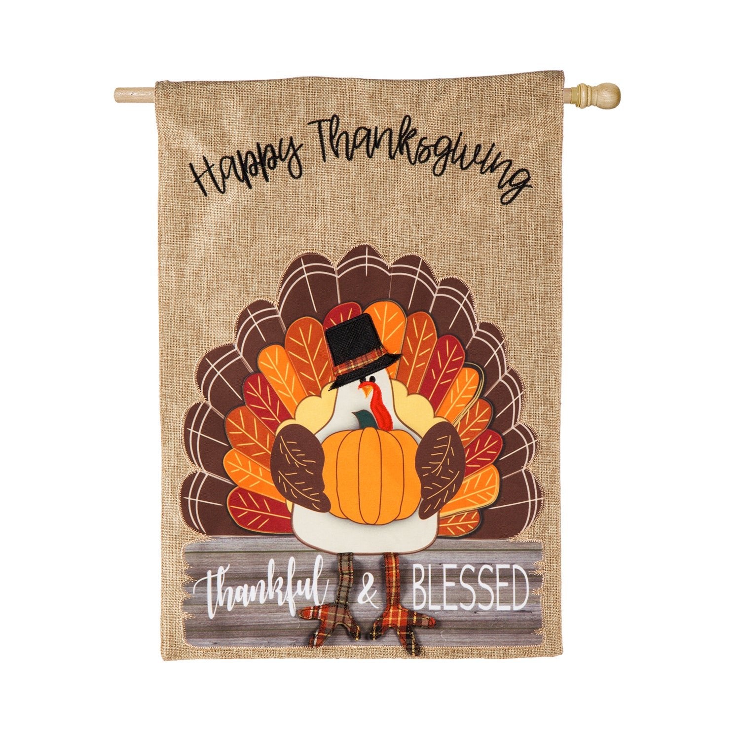 Thankful & Blessed Turkey Burlap Banner Flag | Autumn Flags ...