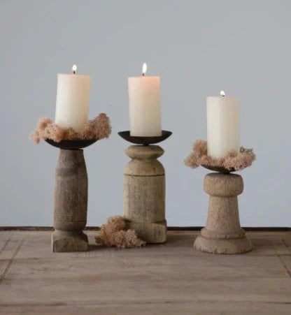 HAND-CARVED WOOD PILLAR HOLDER WITH METAL PLATE